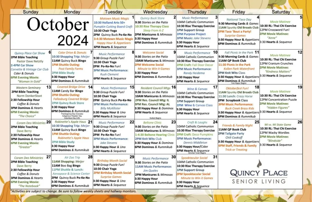 October 2024 Activity Calendars - Quincy Place Senior Living