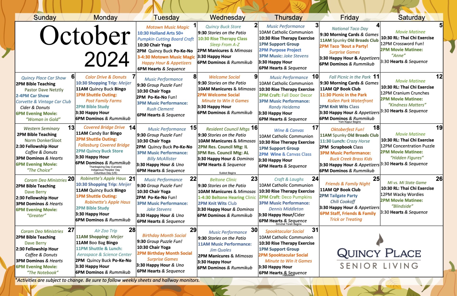 October 2024 Activity Calendars - Quincy Place Senior Living