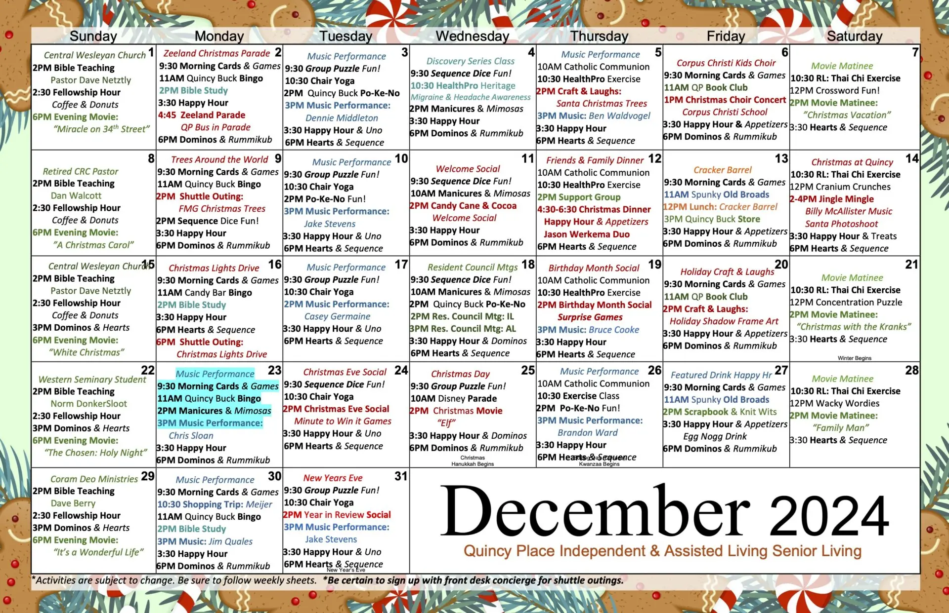 December Activity Calendars - Quincy Place Senior Living