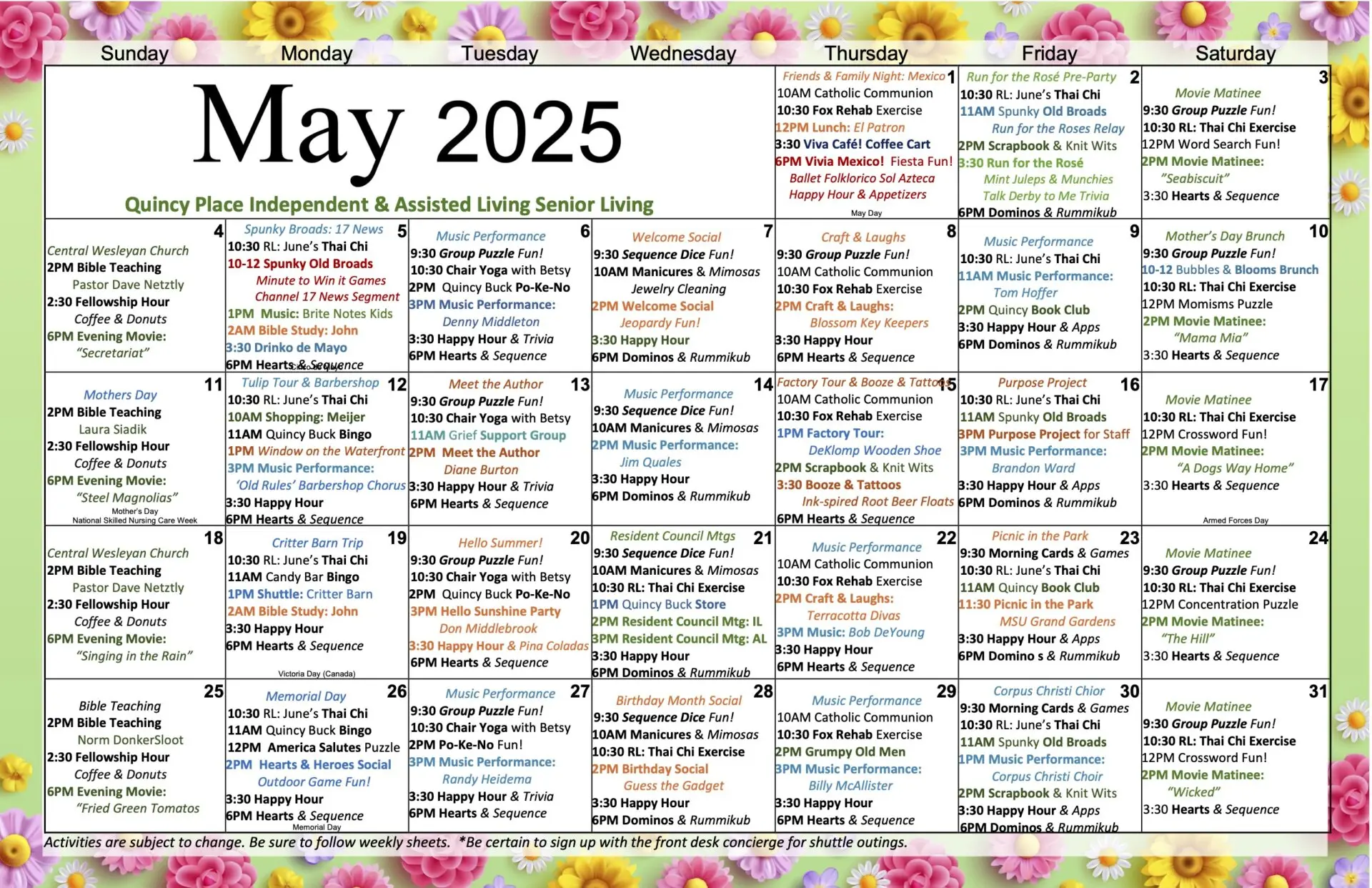 May Activity Calendar - Quincy Place Senior Living